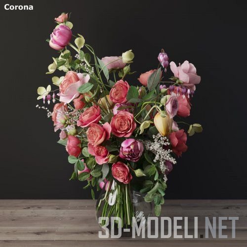 3D модель – Букет с розами, тюльпанами и ветками